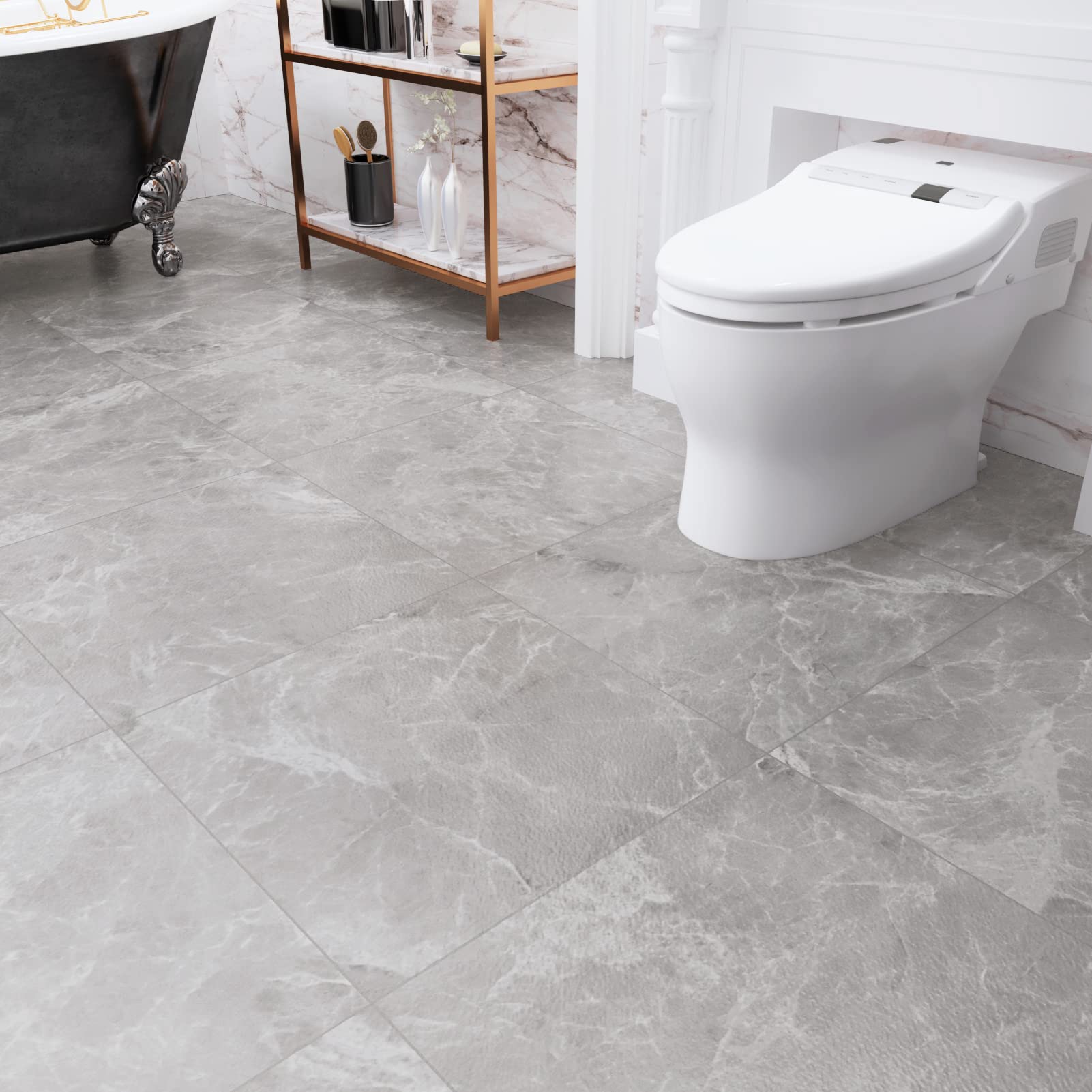 WESTICK Grey Marble Vinyl Flooring Peel and Stick Floor Tile Thick Waterproof Marble Flooring Tiles Removable Waterproof Vinyl Tile for Floor Kitchen Bedroom Bathroom Living Room 5 PCS 12 x 12 in