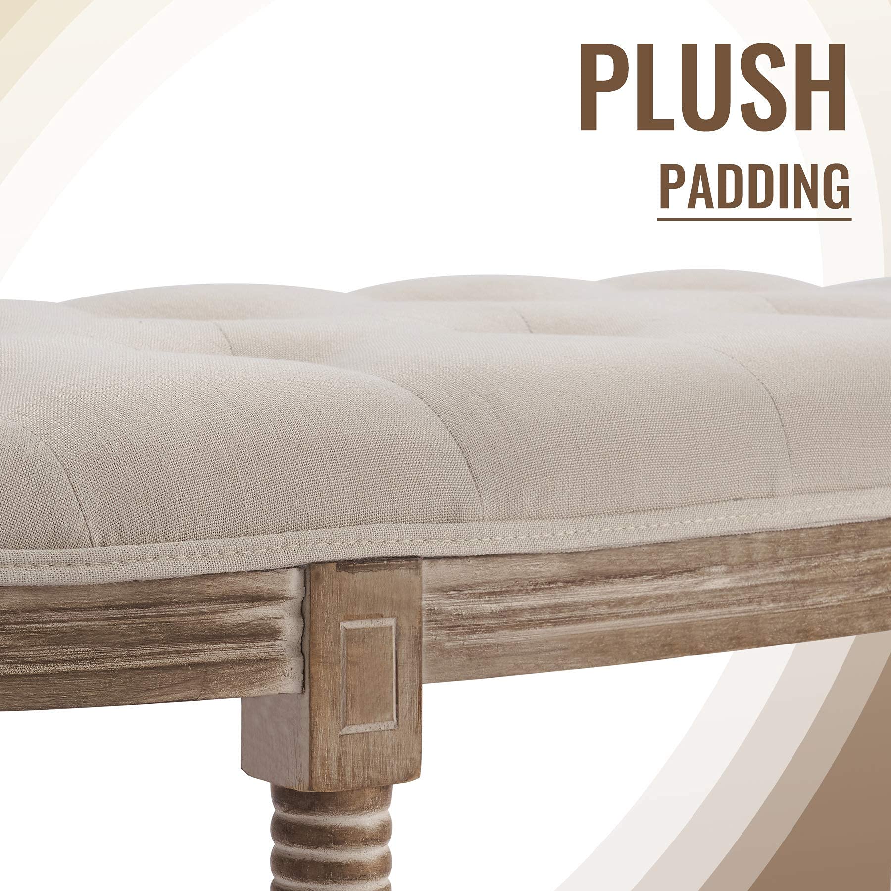 VONLUCE Vintage French Bench, Beige, 49" Upholstered Entryway Bench & Dining Bench, Rubberwood Legs, Padded Seat, 330-pound Weight Capacity