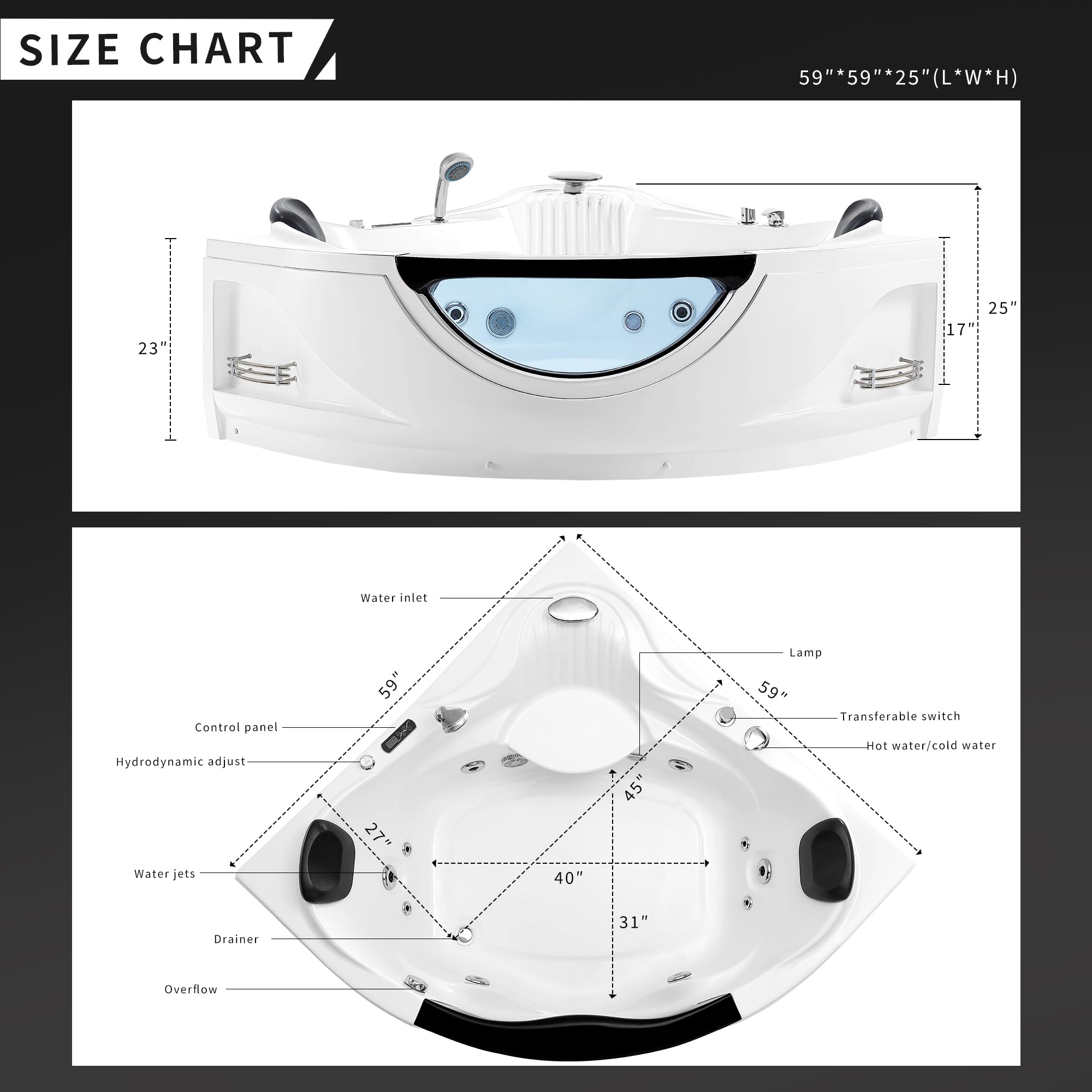 Empava Corner Whirlpool Bathtub with Heater,2 Person 59" Jetted Tub with Light,Spa Hydromassage with Chromatherapy,Acrylic,White, ETL Certified