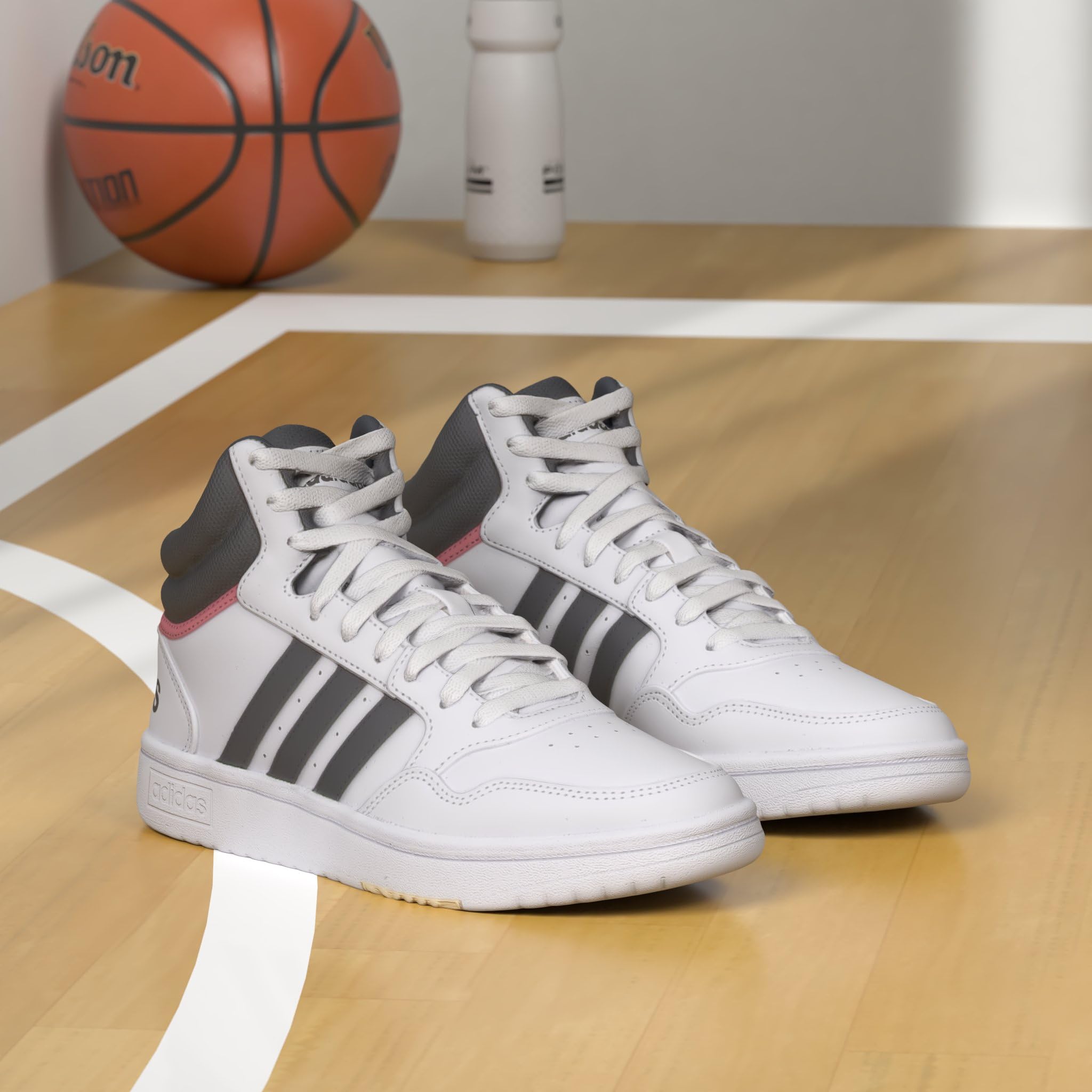 adidas Women's Hoops 3.0 Mid Top Basketball Shoes, White/Legend Ink/Rose Tone, 8