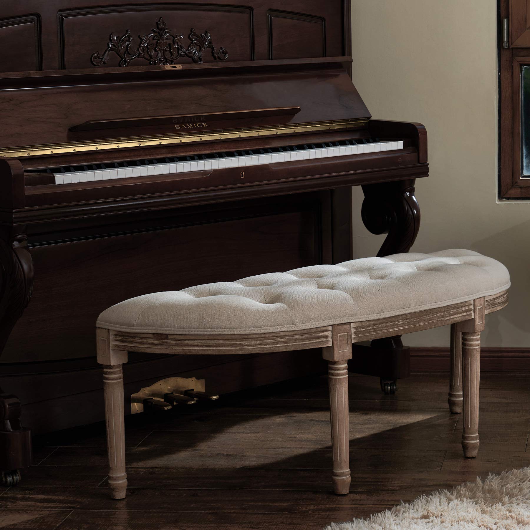 VONLUCE Vintage French Bench, Beige, 49" Upholstered Entryway Bench & Dining Bench, Rubberwood Legs, Padded Seat, 330-pound Weight Capacity