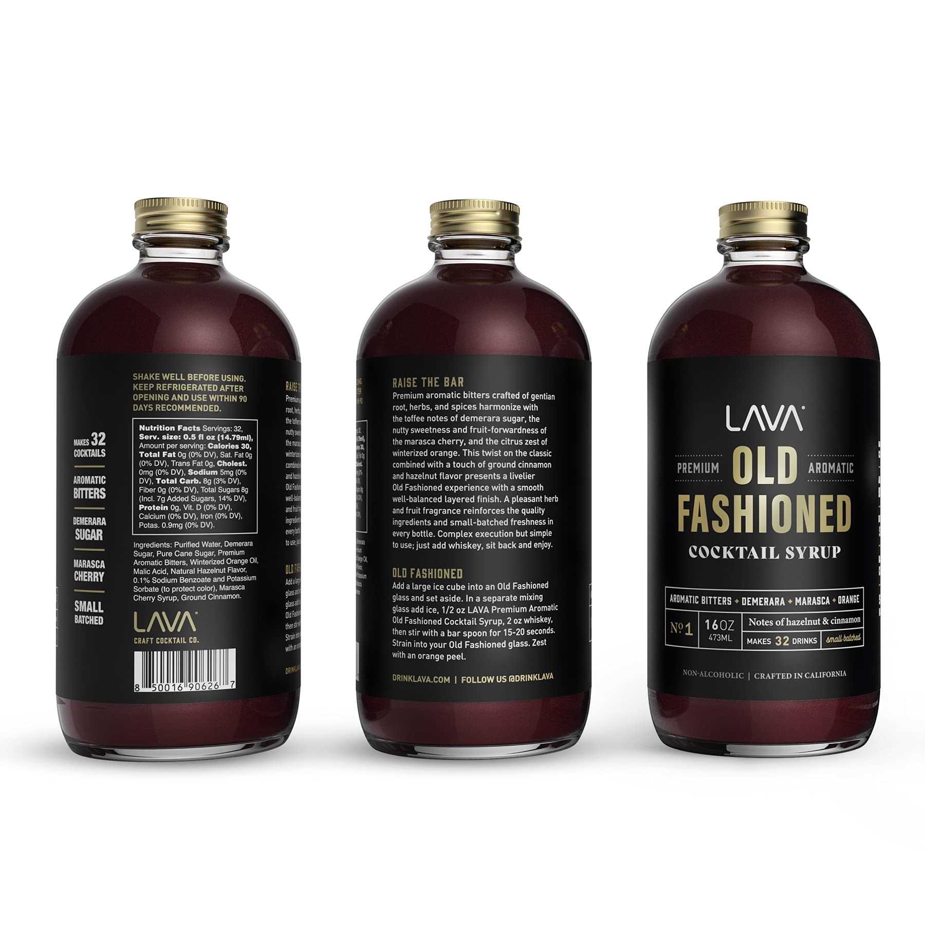 LAVA Premium Aromatic Old Fashioned Cocktail Syrup 16oz, Makes 32 Cocktails, Made with Aromatic Bitters, Demerara, Marasca Cherry, Orange Zest, Hazelnut and Cinnamon. Ready to Use. Just Add Whiskey.