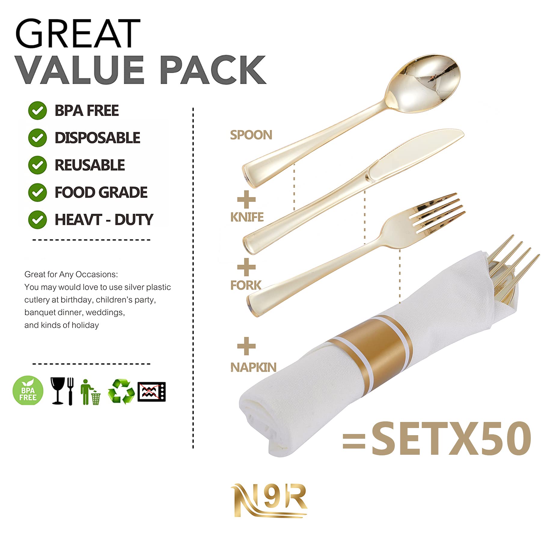 N9R 50 Pack Pre Rolled Gold Plastic Cutlery Set, Wrapped Plastic Silverware Set with 50 Forks, 50 Knives, 50 Spoons and 50 Napkins, Disposable Cutlery Set for Party and Wedding