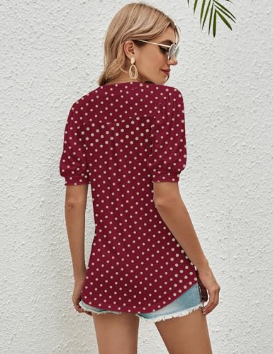 Romanstii Women Tees and Tops Short Sleeve Ruffle V Neck Tunic for Casual Wear,Wine Polka Dot,L