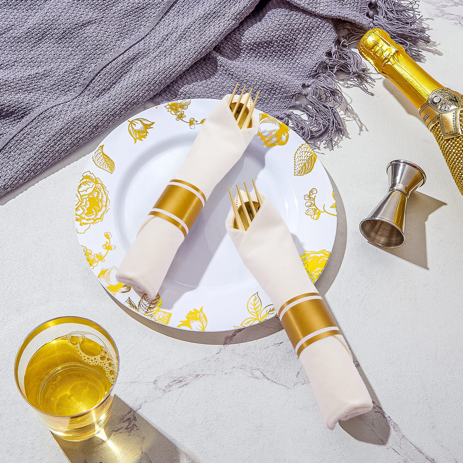 N9R 50 Pack Pre Rolled Gold Plastic Cutlery Set, Wrapped Plastic Silverware Set with 50 Forks, 50 Knives, 50 Spoons and 50 Napkins, Disposable Cutlery Set for Party and Wedding