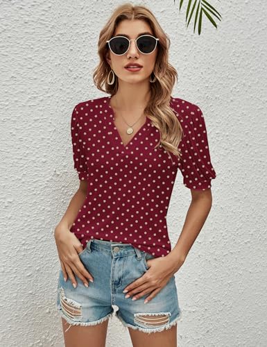 Romanstii Women Tees and Tops Short Sleeve Ruffle V Neck Tunic for Casual Wear,Wine Polka Dot,L