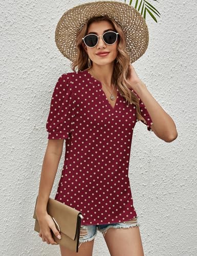 Romanstii Women Tees and Tops Short Sleeve Ruffle V Neck Tunic for Casual Wear,Wine Polka Dot,L