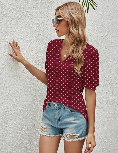 Romanstii Women Tees and Tops Short Sleeve Ruffle V Neck Tunic for Casual Wear,Wine Polka Dot,L