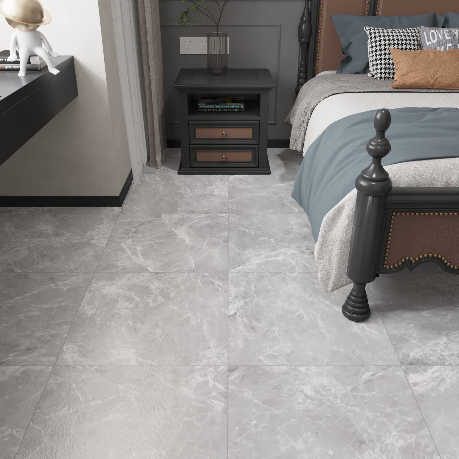 WESTICK Grey Marble Vinyl Flooring Peel and Stick Floor Tile Thick Waterproof Marble Flooring Tiles Removable Waterproof Vinyl Tile for Floor Kitchen Bedroom Bathroom Living Room 5 PCS 12 x 12 in