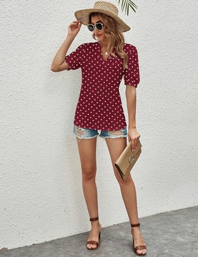 Romanstii Women Tees and Tops Short Sleeve Ruffle V Neck Tunic for Casual Wear,Wine Polka Dot,L
