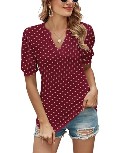 Romanstii Women Tees and Tops Short Sleeve Ruffle V Neck Tunic for Casual Wear,Wine Polka Dot,L