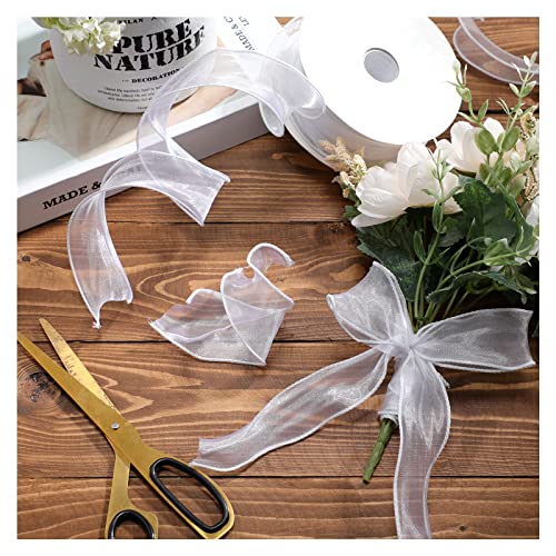 150 ft 50 Yards White Ribbon Organza Wired Sheer Wide Chiffon Ribbon for Wedding Gift Wrapping and Crafts Decor (1.5 Inch x 50 Yards)