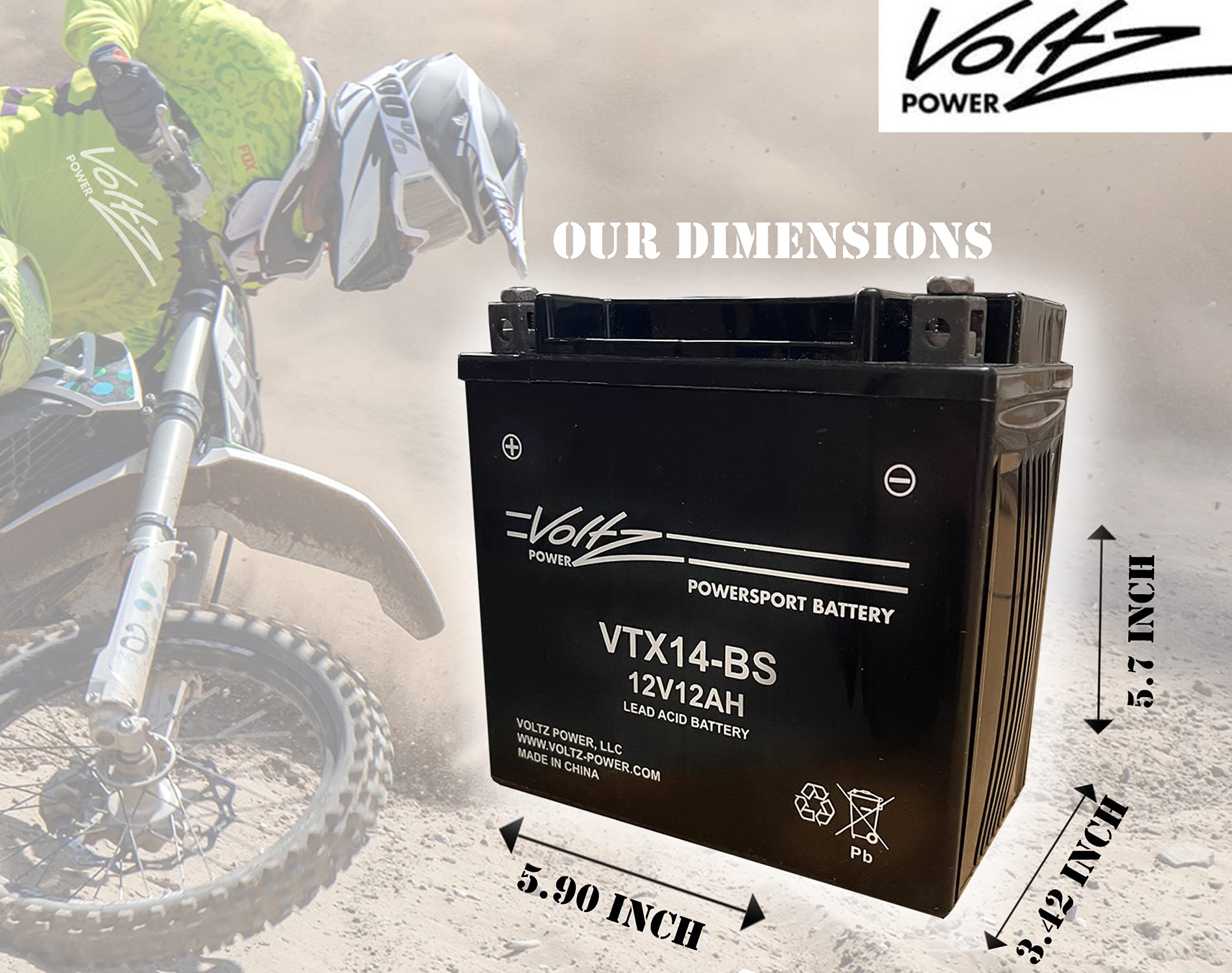 Voltz Power VTX14-BS Maintenance Free (AGM) Powersport Battery with Acid Pack
