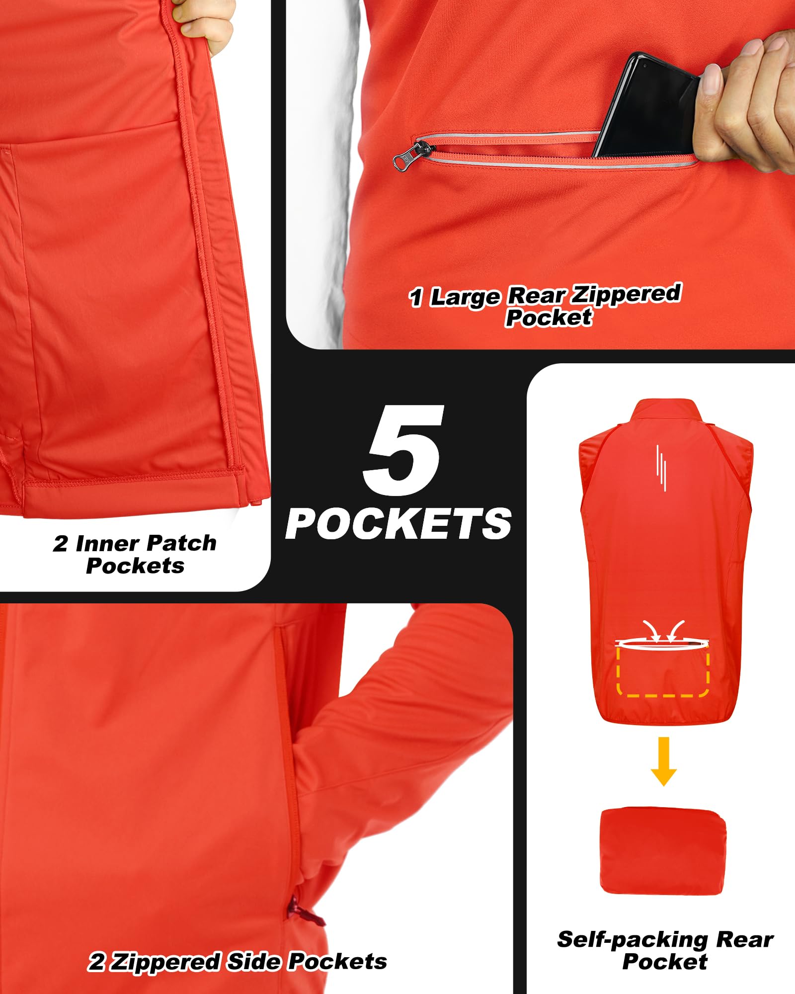 33,000ft Men's Cycling Jacket Long Sleeve, Waterproof Running Bike Vest Outerwear Reflective Windproof Sleeveless Jacket