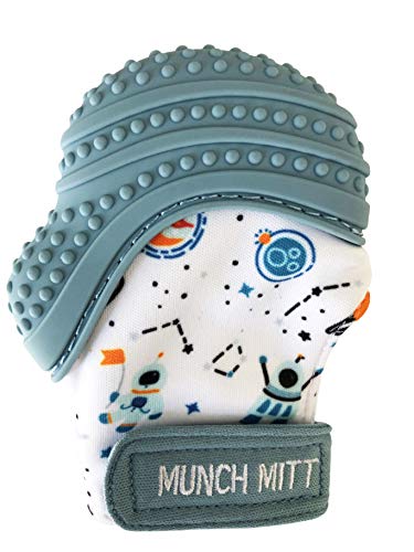 Malarkey Kids Munch Mitt and Chew Cube 2-Pack | Baby Teething Mitten Protects Hands from Chewing & Saliva, Heals Aching Gums, Promotes Sound & Visual Stimulation (Steel Blue and Outer Space)