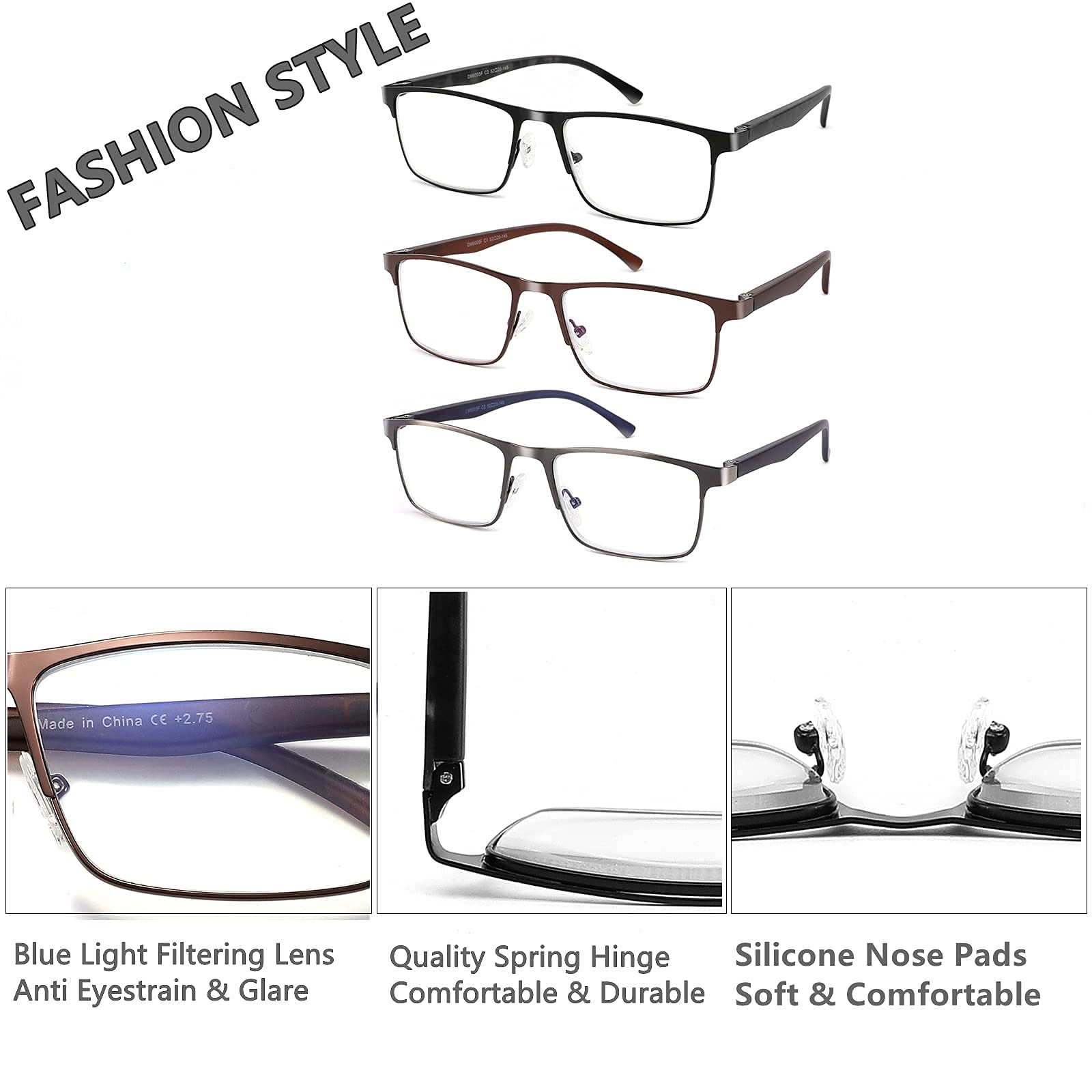 CRGATV 3-Pack Reading Glasses for Men Blue Light Filtering Full Frame Metal Readers Anti Uv/Eye Strain/Glare (+2.0 Magnification Strength)