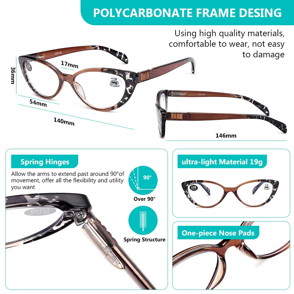 OSLOB 4 PACK Cat Eye Reading Glasses for Women Blue Light Blocking Readers with Spring Hinge Anti Glare UV(Mix,1.5)