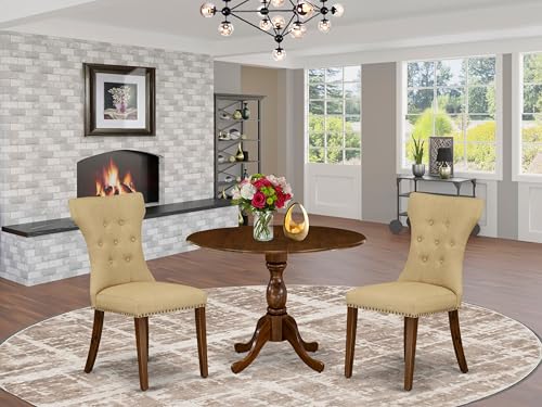 East West Furniture DMGA3-AWA-03 3 Piece Dinette Set for Small Spaces Contains a Round Dining Table with Dropleaf and 2 Brown Linen Fabric Parsons Dining Chairs, 42x42 Inch, Walnut