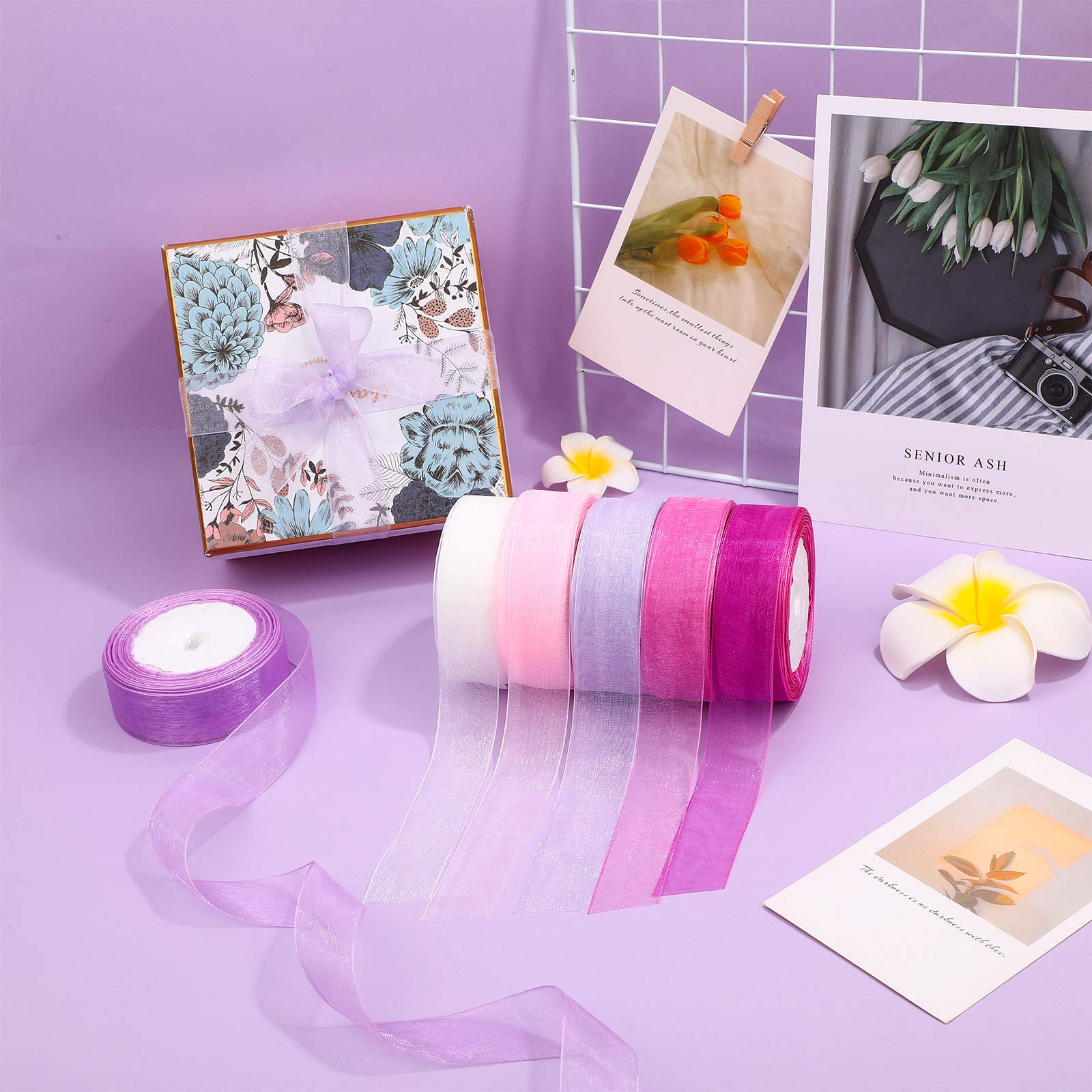 6 Rolls Organza Ribbon Sheer Chiffon Ribbon Bulk for Gift Wrapping Decorating Valentine‘s Day Wedding Birthday Bouquet Garland(25 Yard Each Roll,Purple)