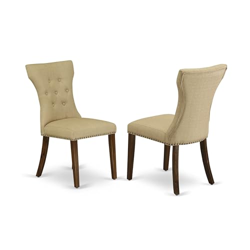 East West Furniture DMGA3-AWA-03 3 Piece Dinette Set for Small Spaces Contains a Round Dining Table with Dropleaf and 2 Brown Linen Fabric Parsons Dining Chairs, 42x42 Inch, Walnut
