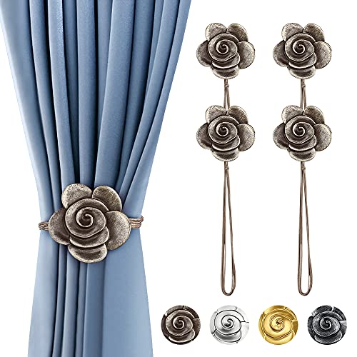 Magnetic Curtain Tiebacks, Aimou Resin Flower Curtain Ties, Vintage Curtain Drapery Holdbacks, Magnetic Window Drapery Decorative Holders with Rope for Outdoor, Home, and Office(4 Pack, Bronze)