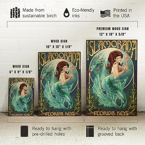 Lantern Press 6x9 Inch Wood Sign, Ready to Hang Wall Decor, Islamorada, Florida Keys, Mermaid