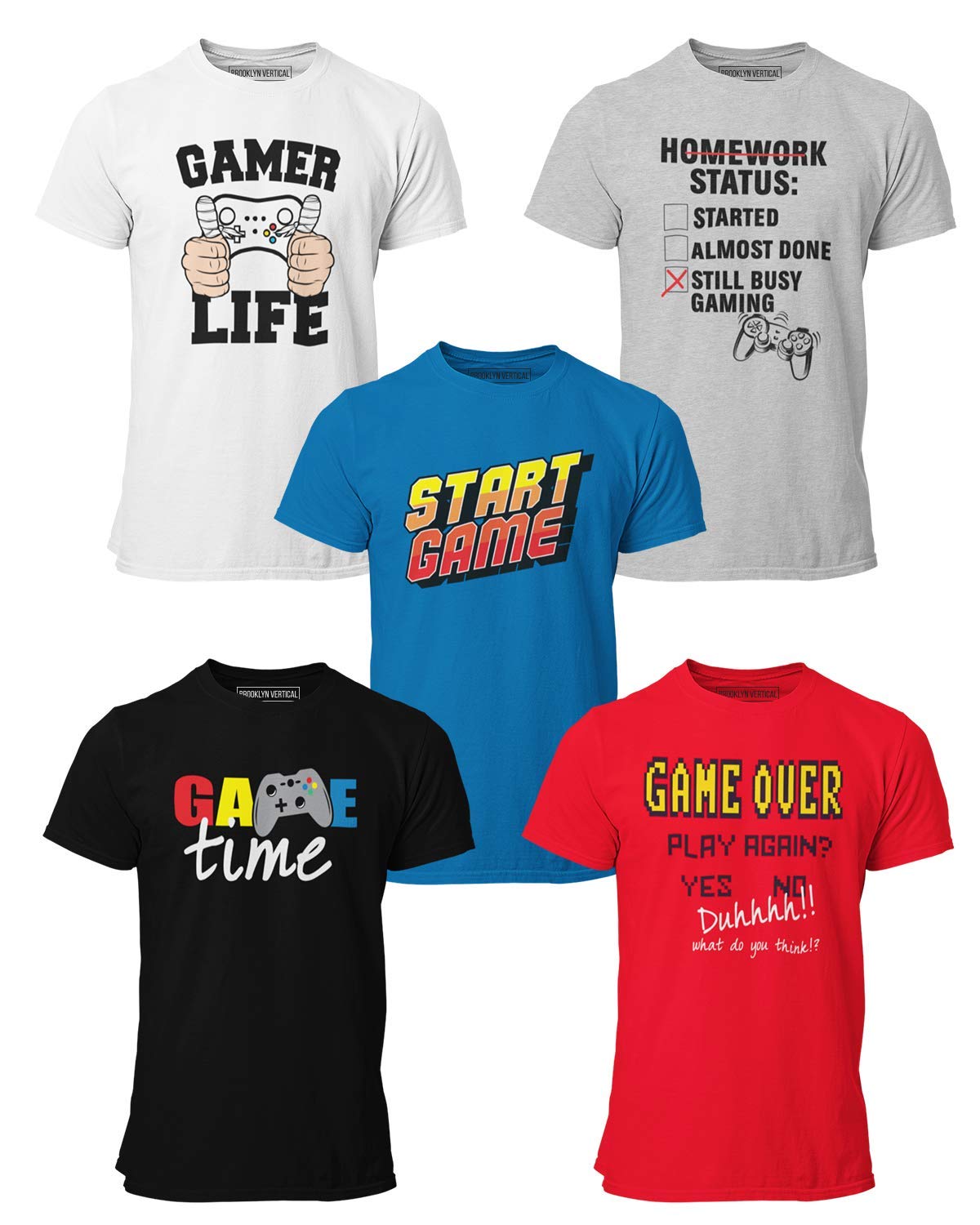BROOKLYN VERTICAL 5-Pack Boys Video Gamer Gaming Short Sleeve Crew Neck T-Shirt with Chest Print | Soft Cotton Sizes 6-20 (Combo C, XL)