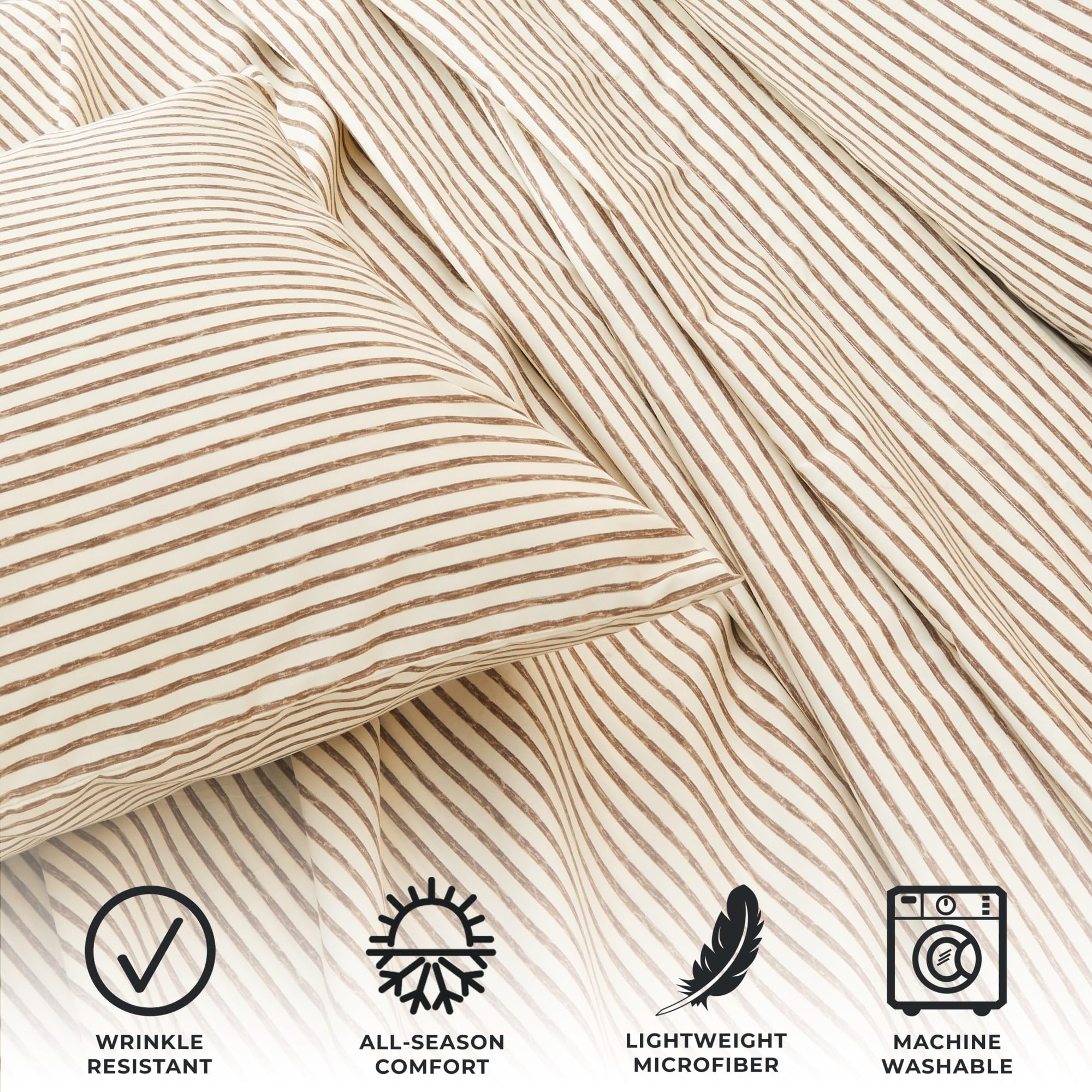 Great Bay Home 4-Piece Queen Size Stripe Microfiber Sheet Set | Ultra-Soft, Brushed Bedding Sheets & Pillowcases | Wrinkle Free, Comfortable, All-Season Bed Sheets (Queen, Taupe)
