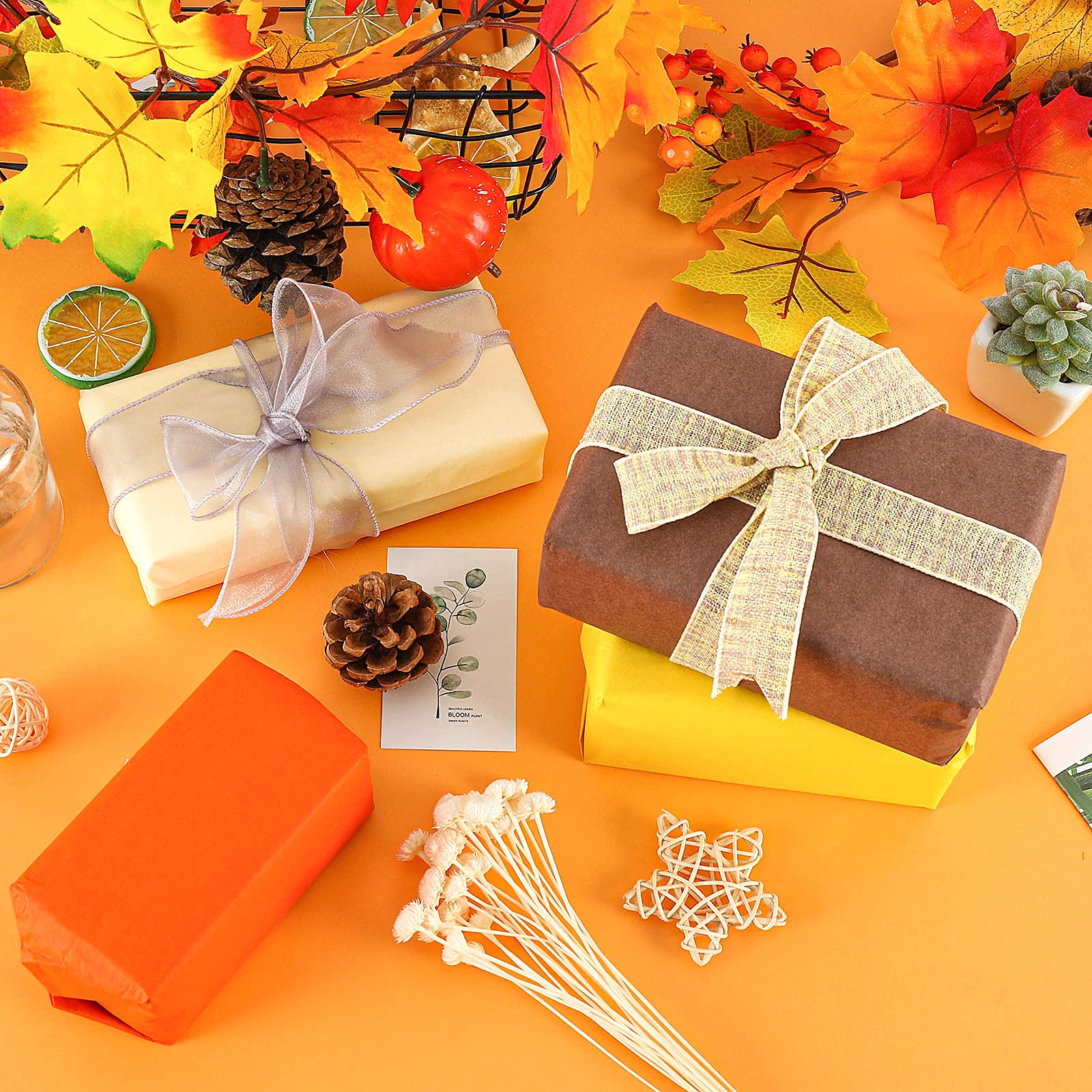 Whaline 96 Sheet Fall Tissue Paper Bulk Brown Orange Yellow Gift Wrapping Paper Art Craft Tissue Paper for Autumn Decorative Thanksgiving Harvest Party Gift Bag DIY Pompom Confetti, 14 x 20