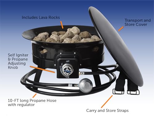 Flame King Smokeless Propane Fire Pit, 19-inch Portable Firebowl, 58K BTU with Self Igniter, Cover, & Carry Straps for RV, Camping, & Outdoor Living