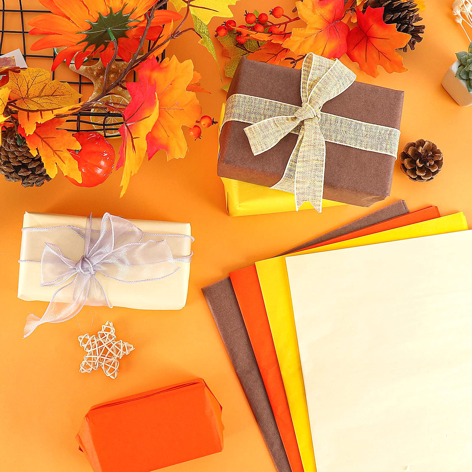 Whaline 96 Sheet Fall Tissue Paper Bulk Brown Orange Yellow Gift Wrapping Paper Art Craft Tissue Paper for Autumn Decorative Thanksgiving Harvest Party Gift Bag DIY Pompom Confetti, 14 x 20