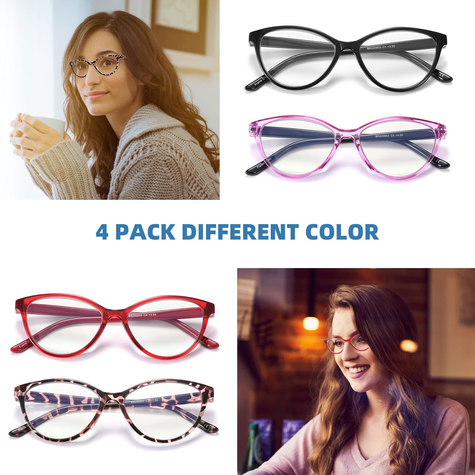 JAWSOCK 4 Pack Reading Glasses Blue Light Blocking for Women,Designer Cat Eye Frame Ladies Computer Readers,Anti Glare/UV Ray Eyeglasses 1.75