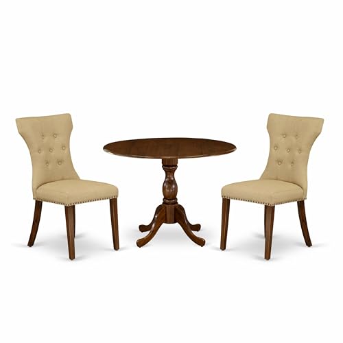 East West Furniture DMGA3-AWA-03 3 Piece Dinette Set for Small Spaces Contains a Round Dining Table with Dropleaf and 2 Brown Linen Fabric Parsons Dining Chairs, 42x42 Inch, Walnut