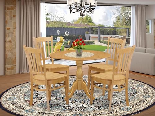 East West Furniture DMGR5-OAK-W 5 Piece Modern Dining Table Set Includes a Round Wooden Table with Dropleaf and 4 Dining Chairs, 42x42 Inch, Oak
