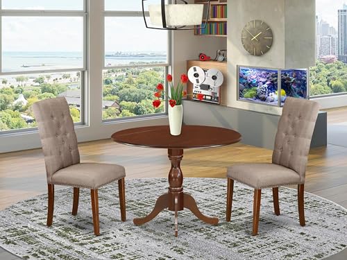 East West Furniture DMEL3-MAH-16 3 Piece Kitchen Table Set Contains a Round Dining Room Table with Dropleaf and 2 Dark Khaki Linen Fabric Upholstered Chairs, 42x42 Inch, Mahogany