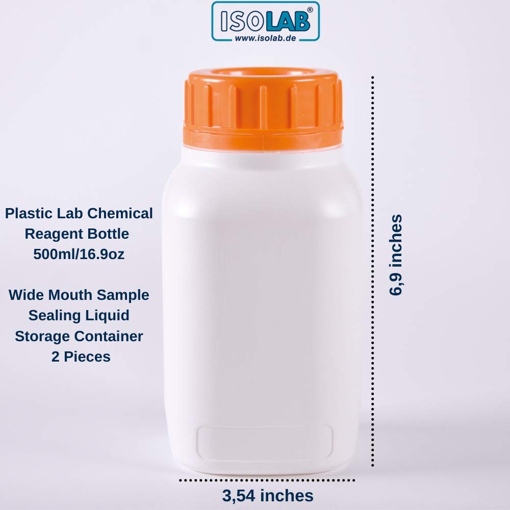 ISOLAB USA - Plastic Lab Chemical Reagent Bottle - HDPE - 500ml/16.9oz - Wide Mouth Sample Sealing Liquid Storage Container 2 Pieces