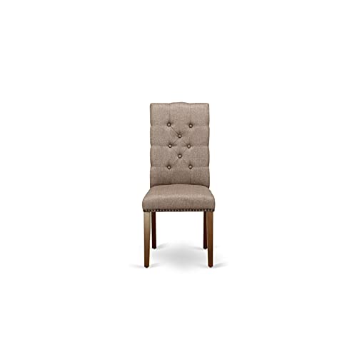 East West Furniture DMEL3-MAH-16 3 Piece Kitchen Table Set Contains a Round Dining Room Table with Dropleaf and 2 Dark Khaki Linen Fabric Upholstered Chairs, 42x42 Inch, Mahogany