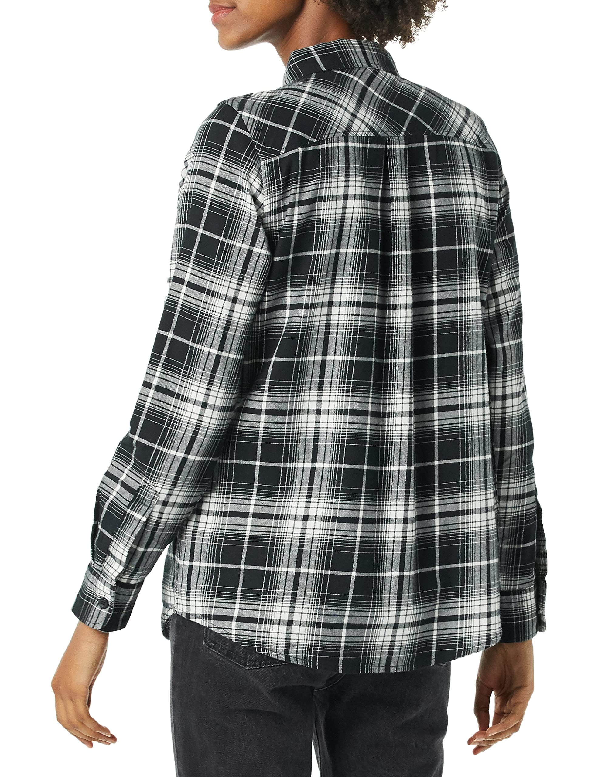 Amazon Essentials Women's Classic-Fit Long-Sleeve Lightweight Plaid Flannel Shirt, Black White Large Plaid, Small