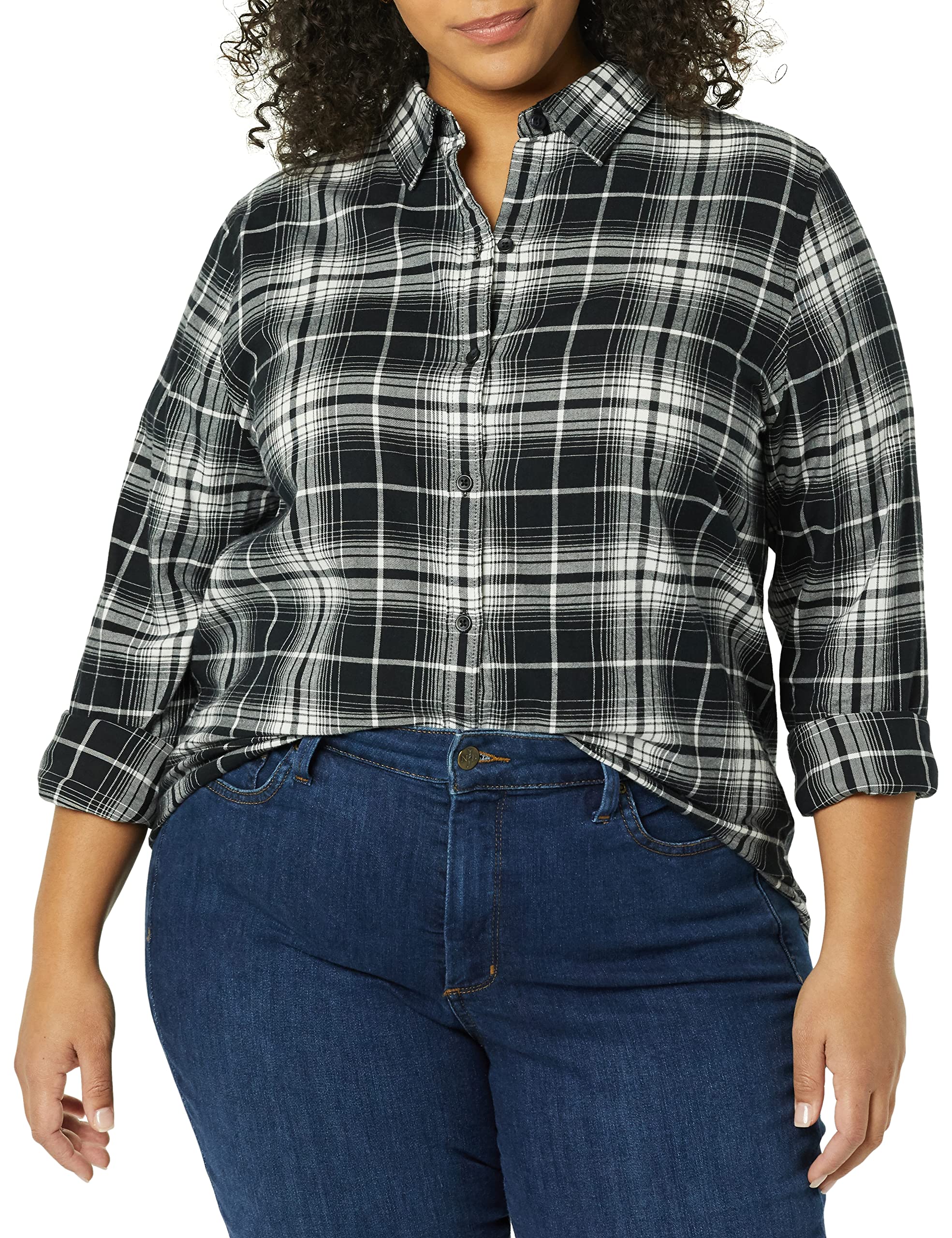Amazon Essentials Women's Classic-Fit Long-Sleeve Lightweight Plaid Flannel Shirt, Black White Large Plaid, Small