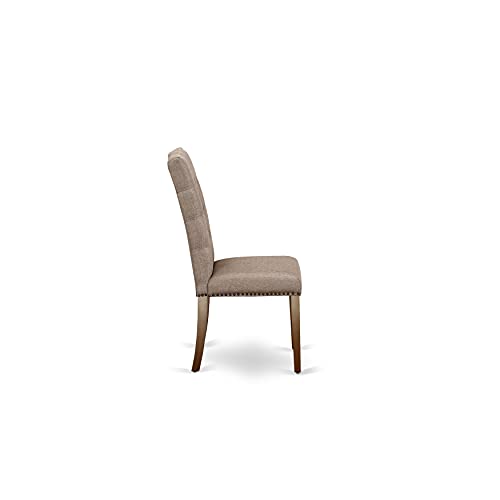 East West Furniture DMEL3-MAH-16 3 Piece Kitchen Table Set Contains a Round Dining Room Table with Dropleaf and 2 Dark Khaki Linen Fabric Upholstered Chairs, 42x42 Inch, Mahogany