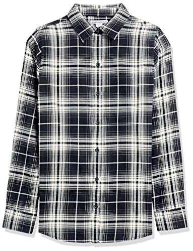 Amazon Essentials Women's Classic-Fit Long-Sleeve Lightweight Plaid Flannel Shirt, Black White Large Plaid, Small