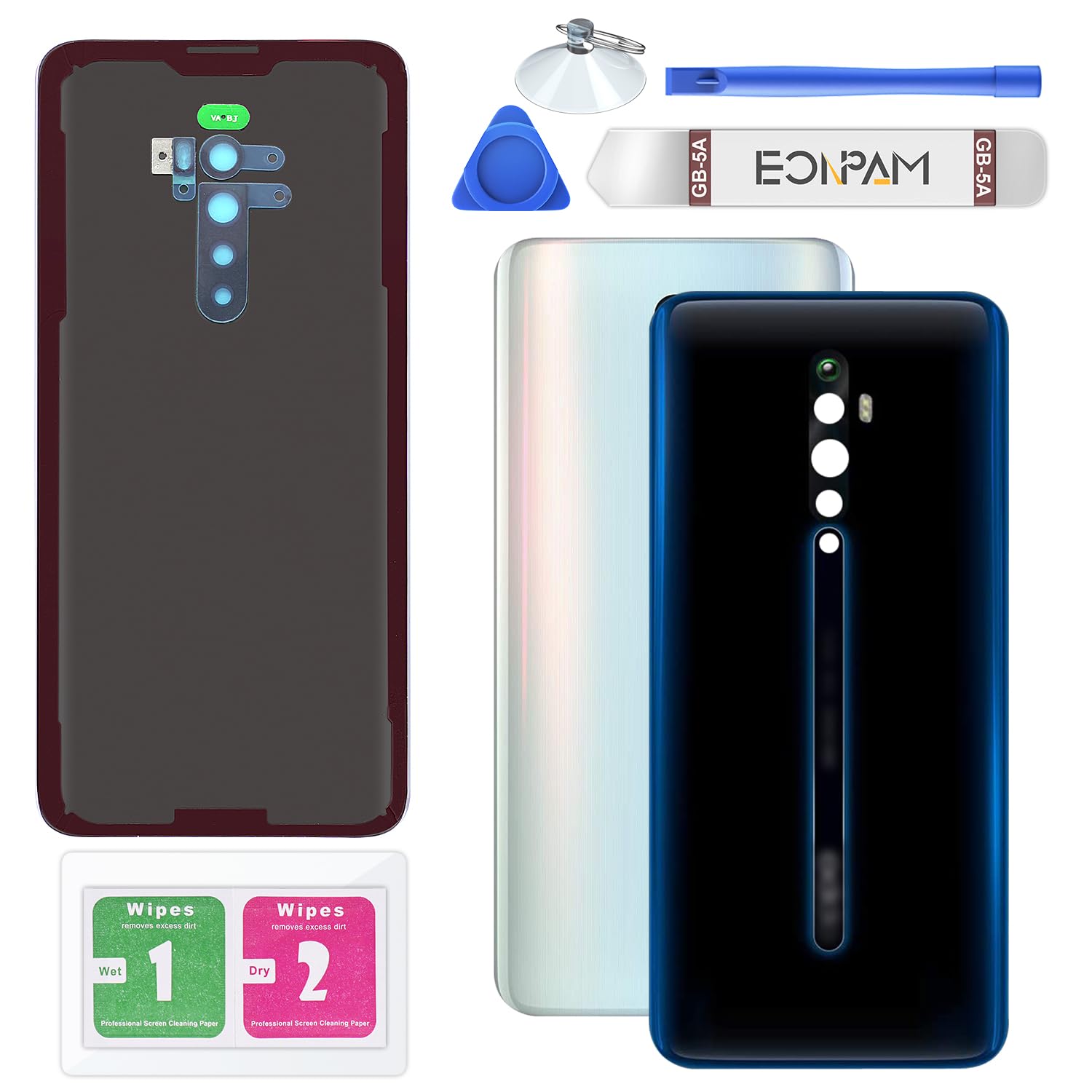 Eonpam Back Glass Replacement for Oppo Reno2 Z Back Cover Rear Housing with Camera Lens + Repair Tool Kit Genuine Rear Glass (Black)