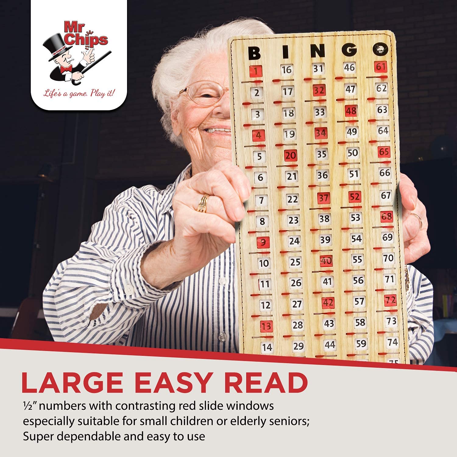 MR CHIPS Jam-Proof Bingo Cards with Sliding Windows, 100 Deluxe Woodgrain Cards, 75 Calling 1 Master Board…