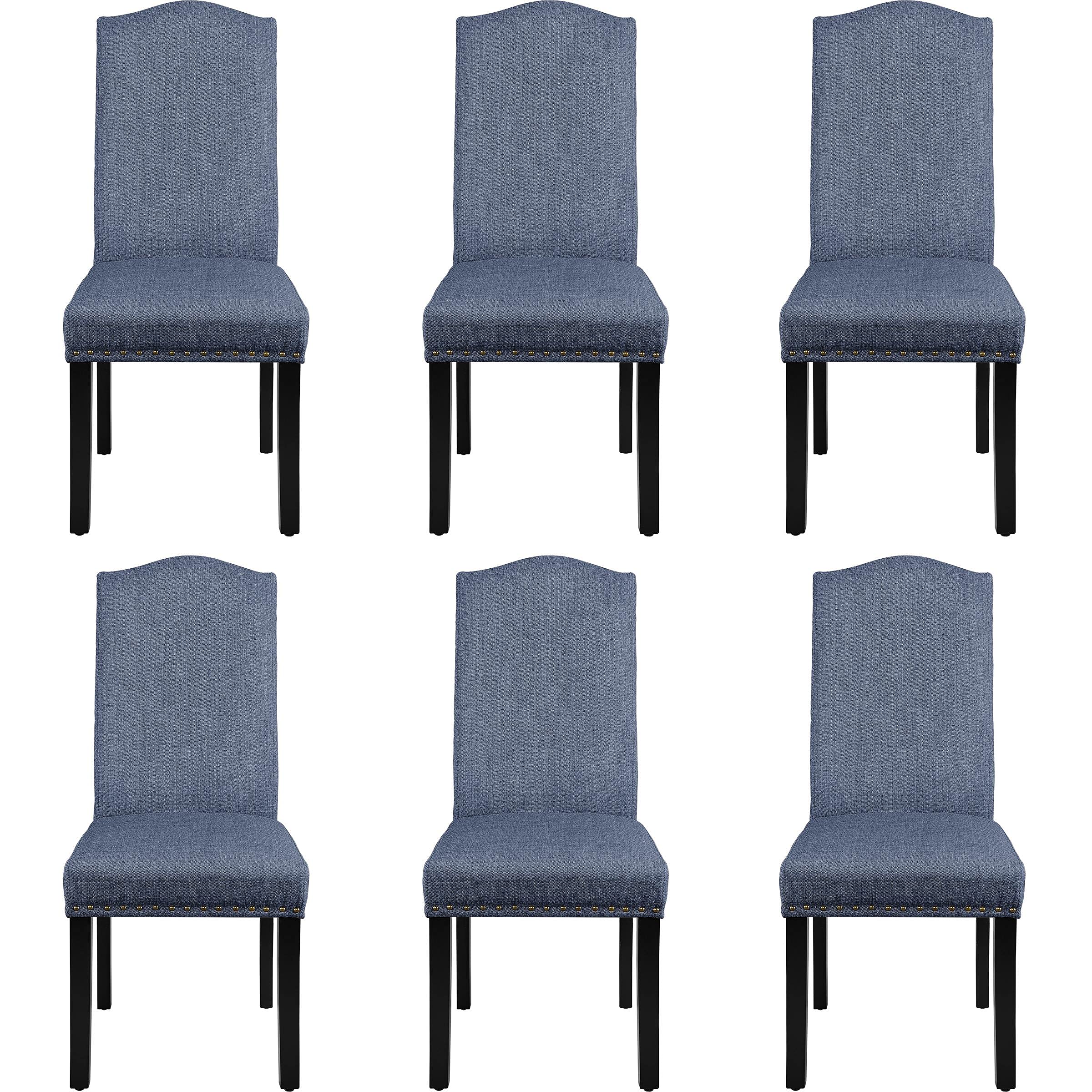 Yaheetech 6pcs Dining Chairs Fabric Upholstered Chair Kitchen Parson Chair with Nailhead Trim and Solid Wood Legs for Home Kitchen and Restaurant, Blue