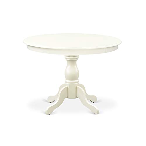 East West Furniture HBIP5-LWH-W 5 Piece Dining Room Table Set Includes a Round Dining Table with Pedestal and 4 Wood Seat Chairs, 42x42 Inch, Linen White