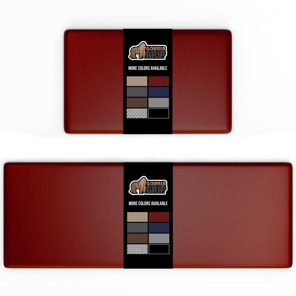 GORILLA GRIP Set of 2 Soft Anti Fatigue Mats for Kitchen Floor, 17x29 + 17x59, Stain and Scratch Resistant, Soft Ergonomic Standing Office Desk Mat, Supportive Memory Foam Rug, 1/2 Inch Thick, Red