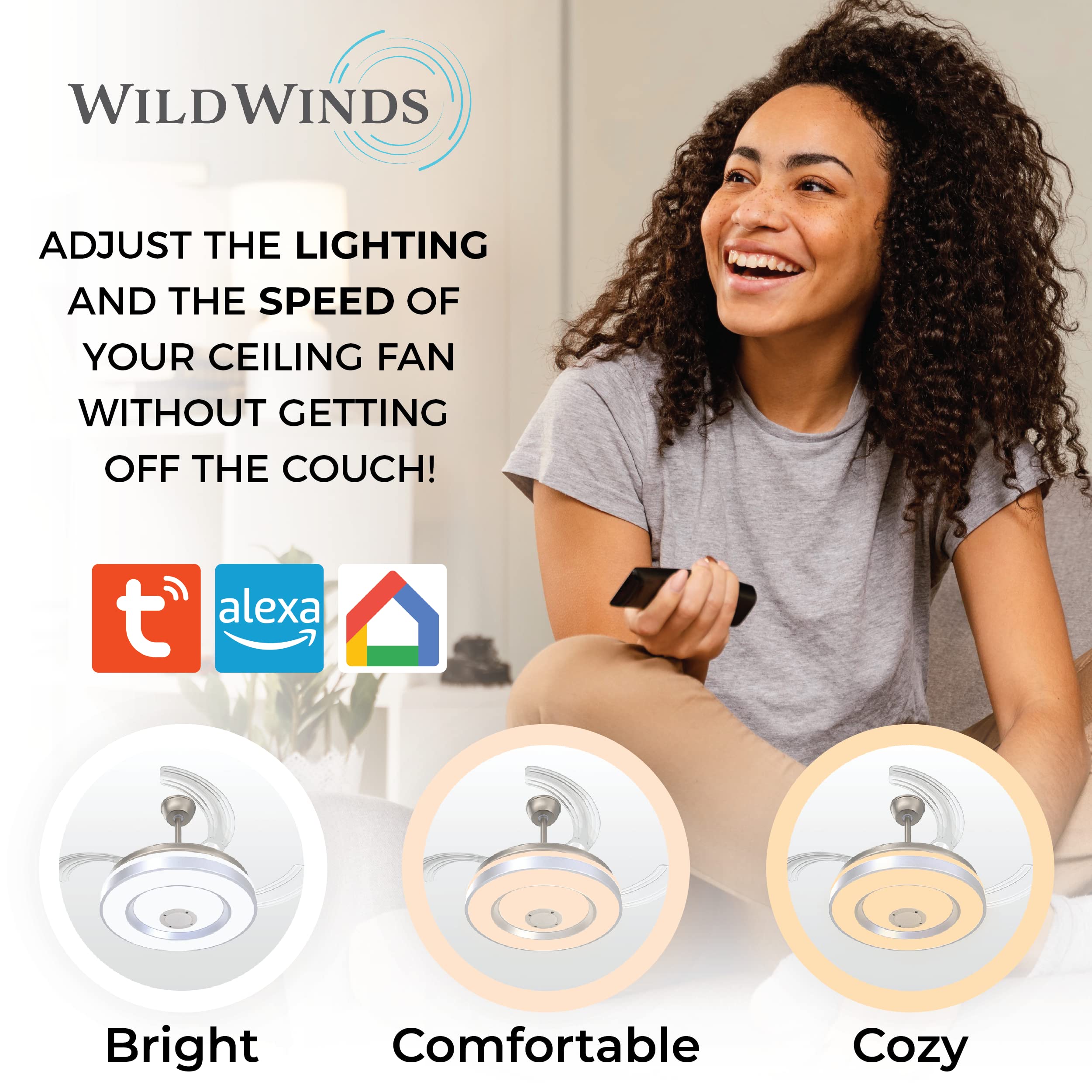 WildWinds 42" Retractable Ceiling Fan With Bluetooth Music Player Speakers | 3 Dimmable LED Lights With Adjustable Speed & Remote Voice Control | Perfect For Bedroom, Living Room & Kitchen