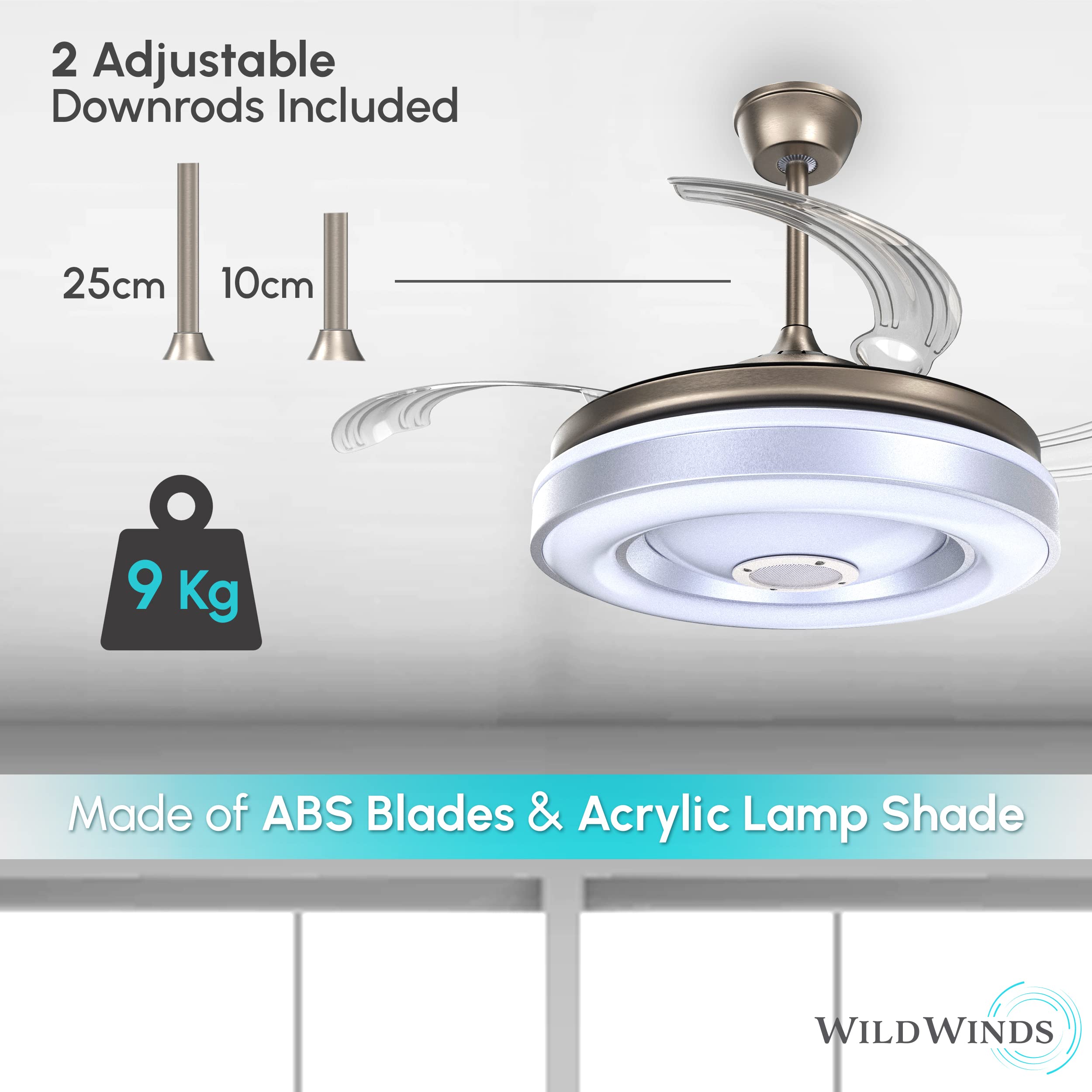 WildWinds 42" Retractable Ceiling Fan With Bluetooth Music Player Speakers | 3 Dimmable LED Lights With Adjustable Speed & Remote Voice Control | Perfect For Bedroom, Living Room & Kitchen