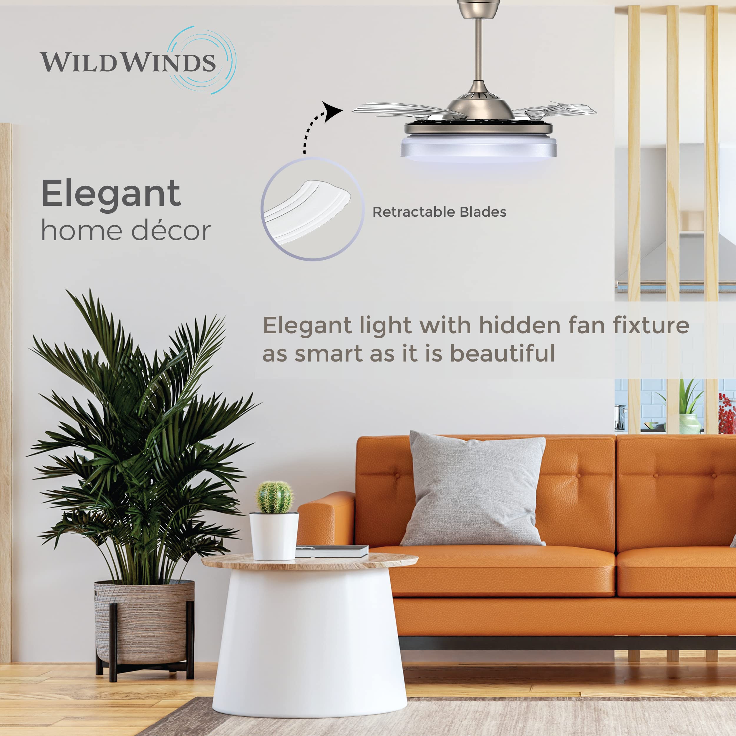 WildWinds 42" Retractable Ceiling Fan With Bluetooth Music Player Speakers | 3 Dimmable LED Lights With Adjustable Speed & Remote Voice Control | Perfect For Bedroom, Living Room & Kitchen
