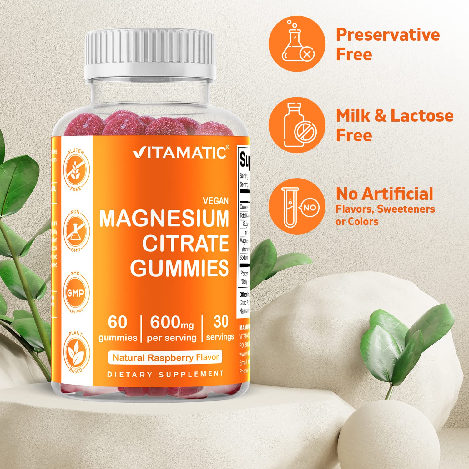 Vitamatic Magnesium Gummies 600mg per Serving – 60 Vegan Count for Relaxation, Muscle, Bone, and Energy Support